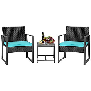 FDW 3 Piece Outdoor Bistro Set Patio Furniture Sets Wicker Patio Chairs Rattan Outdoor Furniture for Backyard Porch Poolside Lawn,Blue Cushion