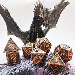 MJDICEOK Metal Dice Dragon Set 7 DND Role Playing Dice D&D Solid Dice Ancient Red Copper