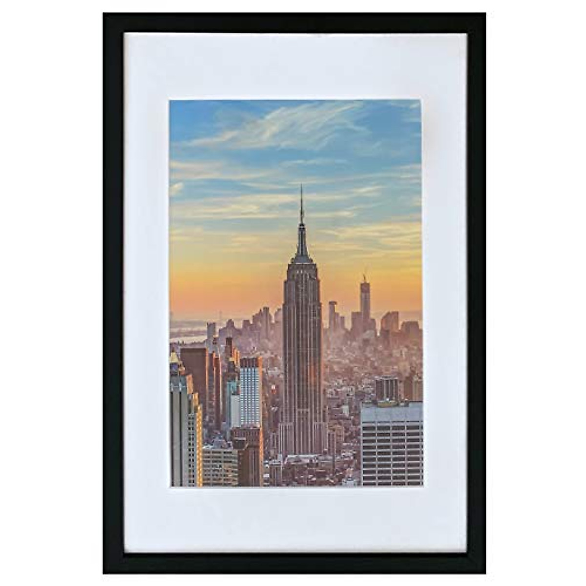 Frame Amo Black 16x24 Picture Frame, 11.5x17.5 White Mat Opening for 12x18 Image, 1 Inch Border, Acrylic Front