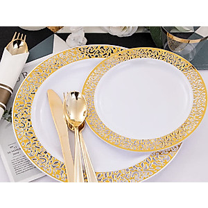 WELLIFE 350 Pieces Gold Plastic Dinnerware,Disposable Gold Lace Plates, Include:50 Dinner Plates,50 Dessert Plates, 50 Pre Rolled Napkins with Gold Silverware and 50 Cups