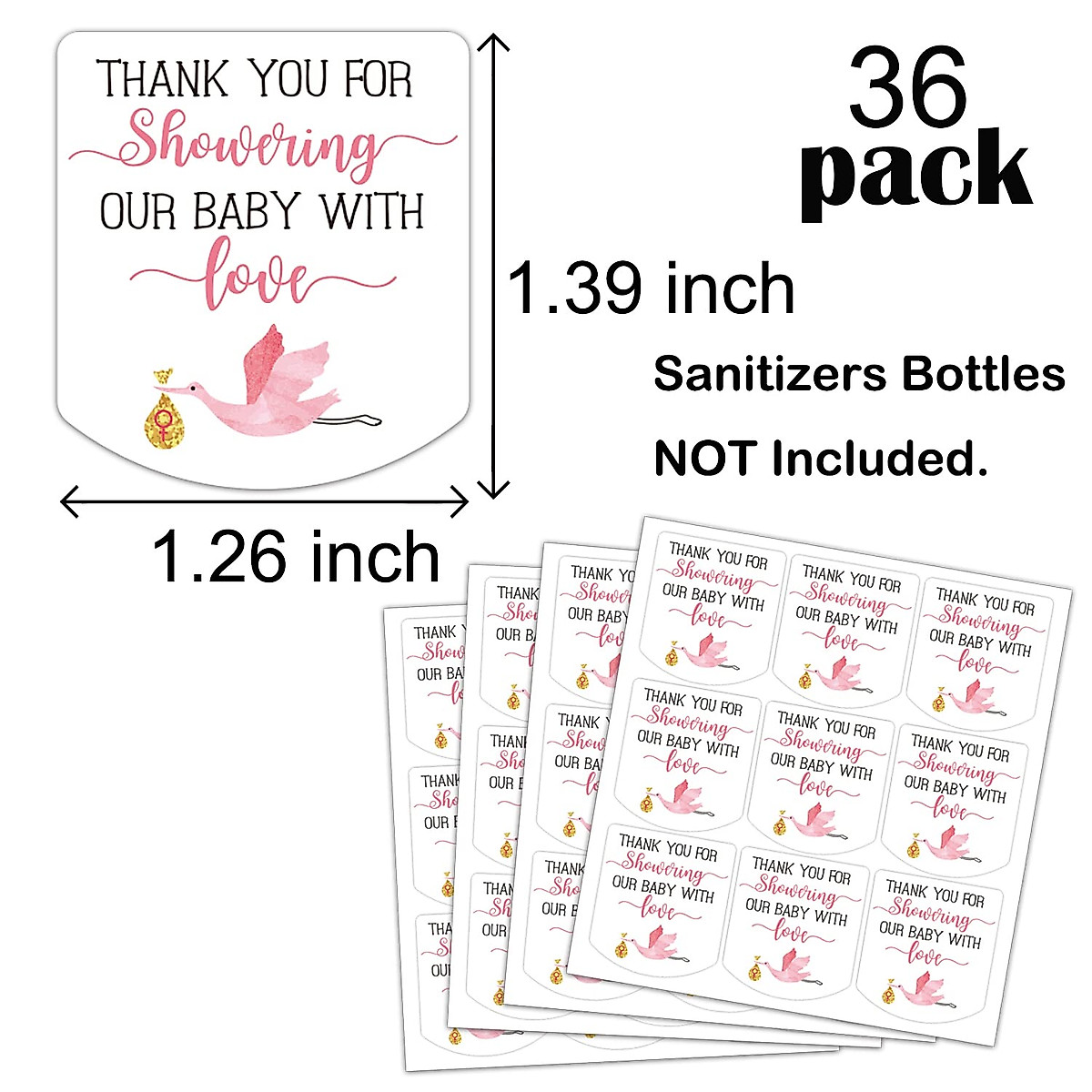 Hand Sanitizer Labels Thank You for Showering Our Little One with Love Stickers, Baby Shower Favor Stickers, Baby Shower Party Favors for Girl.