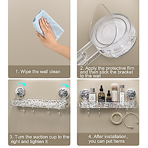 Quincry Light Luxury Style Glacier Pattern Suction Cup Shelf with Hook, Punch-Free Shower Storage Rack for Bathroom, No Drill Corner Wall Caddy for Kitchen (Clear(2pcs Rectangle))