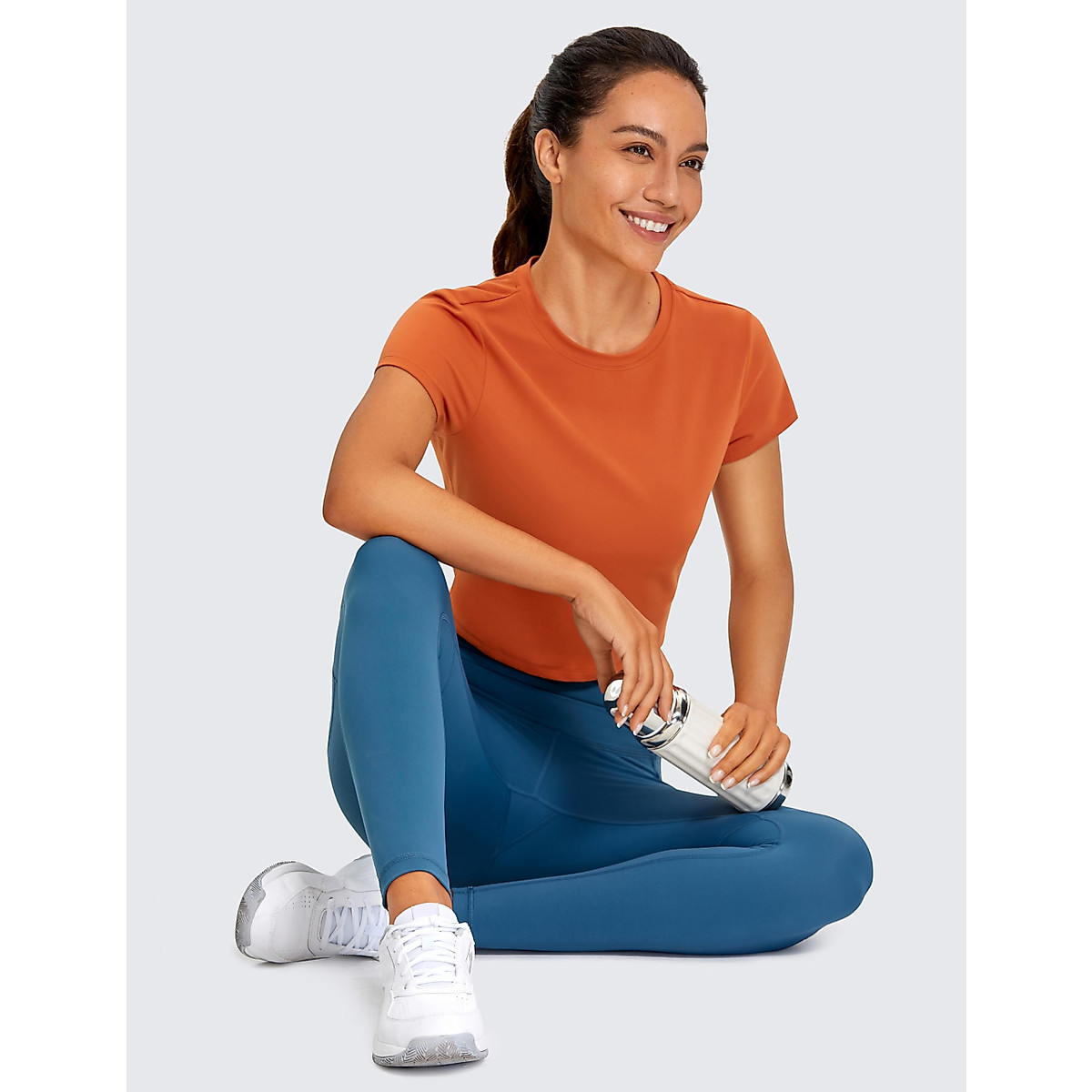 CRZ YOGA Butterluxe Short Sleeve Shirts for Women High Neck Crop Tops Basic Fitted T-Shirt Gym Workout Top Willow Large