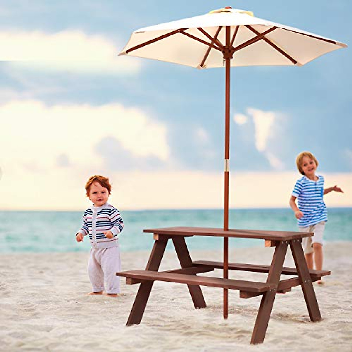 Costzon Kids Picnic Table, Wooden Table & Bench Set w/Removable & Foldable Umbrella, Toddler Patio Set for Backyard, Garden, Lawn, Girls & Boys Gift, Kids Table and Chair Set for Outdoors (Natural)