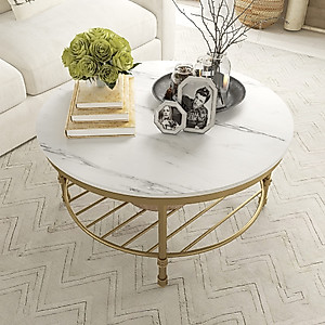 Gezen Round Coffee Table for Living Room, 2-Tier Modern Coffee Table with Open Storage Shelf, Industrial Rustic Steel Accent Table, Wooden Tabletop, Metal Frame - Marble White with Gold Frame