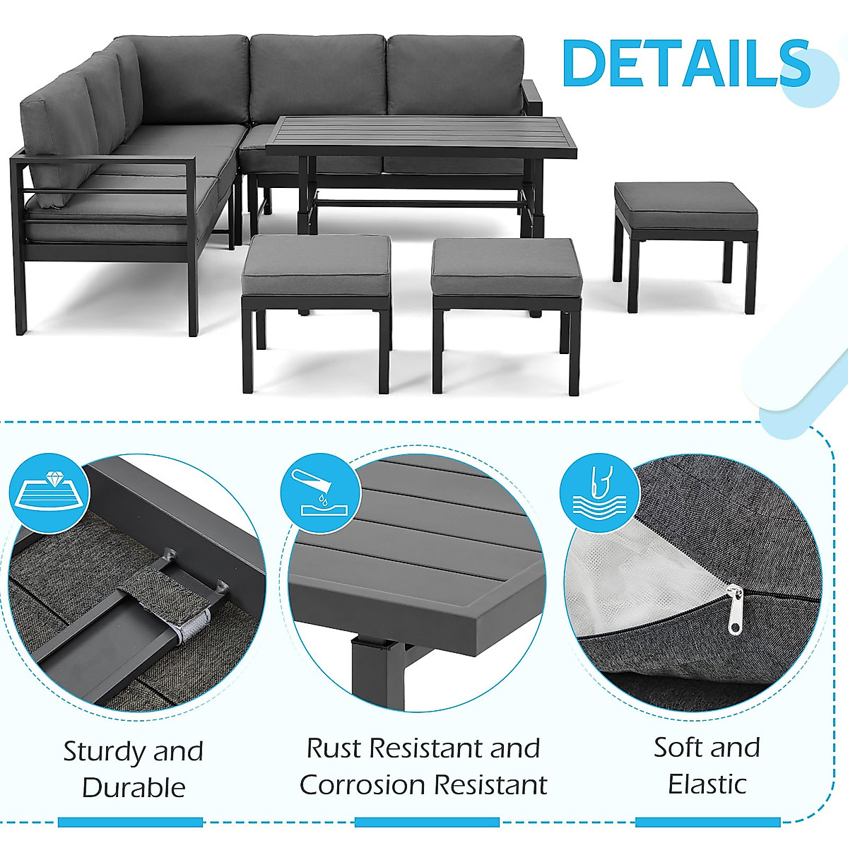 Danrelax All Weather Aluminum Frame Patio Conversation Set, 7 Pieces Outdoor Patio Furniture, Patio Furniture Set, Outdoor Patio Set for Lawn, Garden, Balcony, Poolside, Conversation Set(Black)