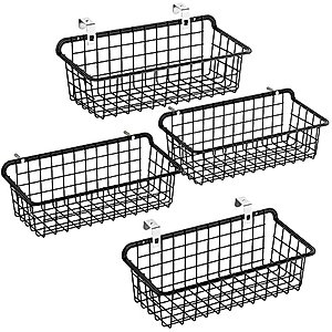 Wall Basket, Packism 4 Pack Hanging Wire Baskets for Organizing Small Versatile Bathroom Organizer Hanging Wall Basket for Bathroom Kitchen Bedroom Garage Add Extra Storage, Easy to Install, Black