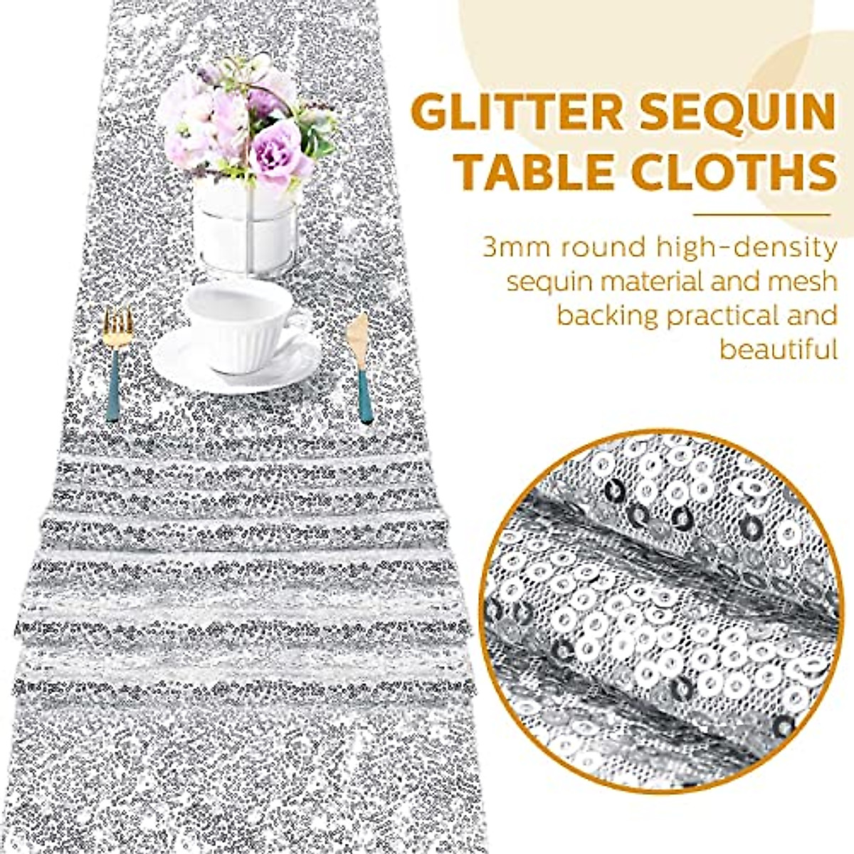 6 Pieces 12 x 108 Inches Sequin Table Runner Glitter Sequin Rectangular Table Runner Cloth for Birthday Wedding Baby Shower Bachelorette Holiday Celebration Party Decorations (Silver)