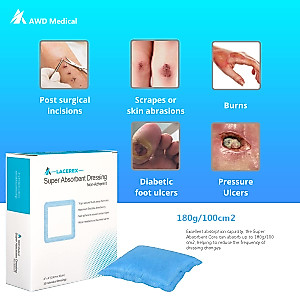 AWD Super Absorbent Wound Dressing Pad, Non Adhesive Dressing for Pressure Ulcers, 1st and 2nd Degree Burns, Gentle on The Skin, Absorbs 20 Times Its Weight, (10/Bx)