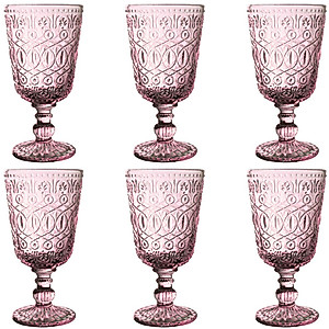 Taganov Vintage Glassware Purple Water Goblets Drinking Colored Wine Glasses set of 6 Pink Embossed Drinkware Stemware 10 oz for Wedding Party Bar Christmas
