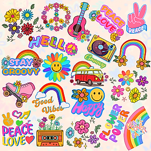 Zayvor 60pieces Groovy 70s Temporary Tattoos Individually Bulk,Flower Power Daisy Floral Groovy Birthday Party,Good Vibes Rainbow Favors Goodie Bag Halloween Makeup Costume