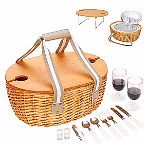 STBoo Wicker Picnic Basket for 2 with Large Insulated Cooler Compartment and Folding Table, Cutlery Service Kits, Willow Hamper Set with Woven Handles for Camping, Outdoor, Christmas, Party(Beige)