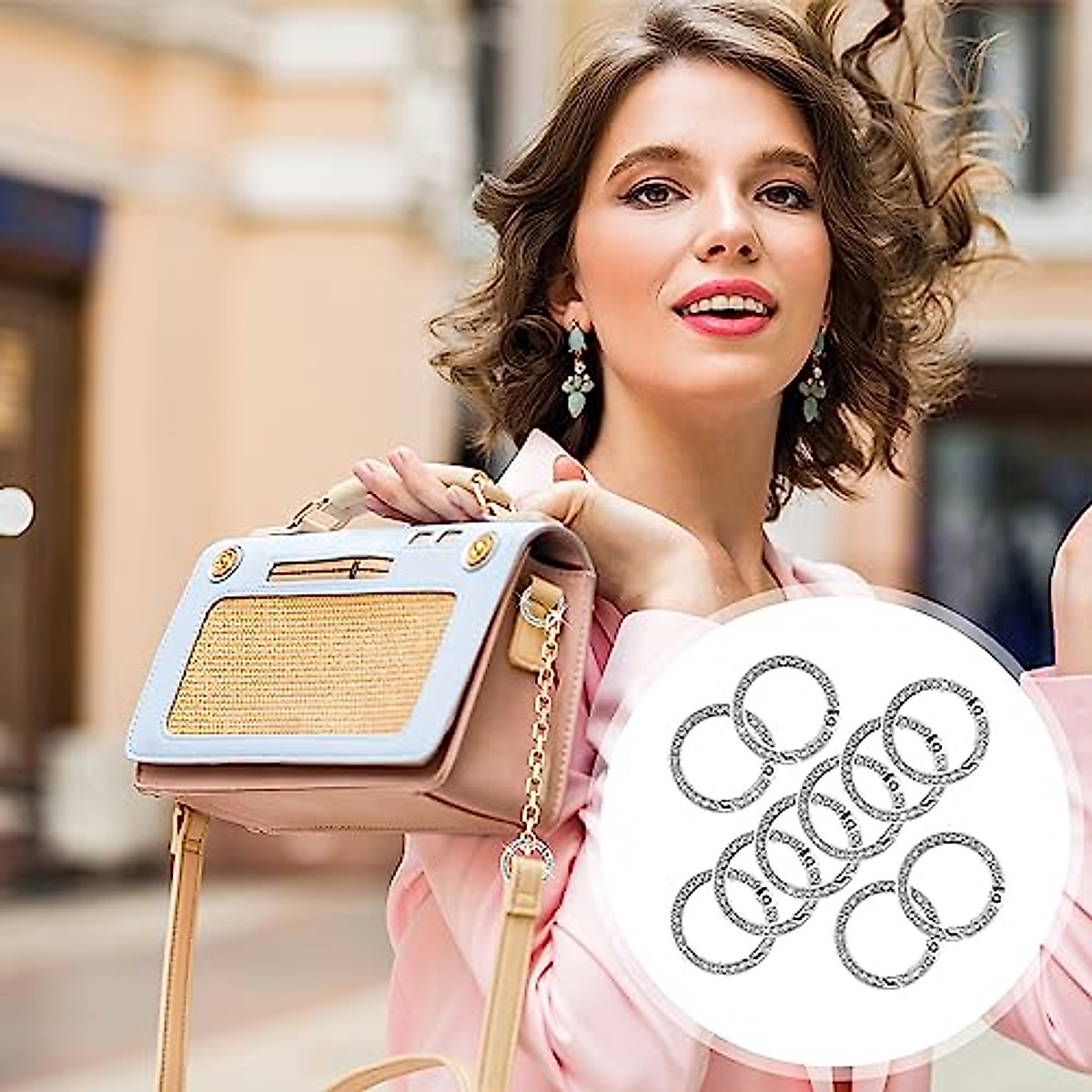 Rhinestone Spring O Rings,10 Pack Key Ring Clips Round Carabiner Metal Round Spring Buckle Silver Keychain Rings Zinc Alloy Spring Rings Metal O Rings for Keychain,Backpack,Shoulder Bag,Pet Harness