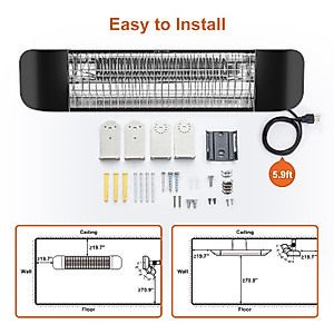 Pasapair Electric Patio Heater with APP Control - 1500W Outdoor Heater Fast Heating with 4 Power Setting - Wall Mounted Infrared Heater Quiet and Odorless - IP65 Waterproof and 24H Timer