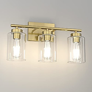 Gold Bathroom Light Fixtures, Modern Bathroom Vanity Light with Clear Glass Shade, 3 Lights Brushed Brass Bath Wall Mount Lights, Gold Wall Sconce for Kitchen Bedroom Hallway Living Room Hallway