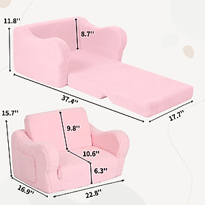 BestRoyal Comfy Toddler Chair, 2-in-1 Toddler Couch Fold Out, Convertible Sherpa Sofa to Lounger for Boys & Girls, Pink
