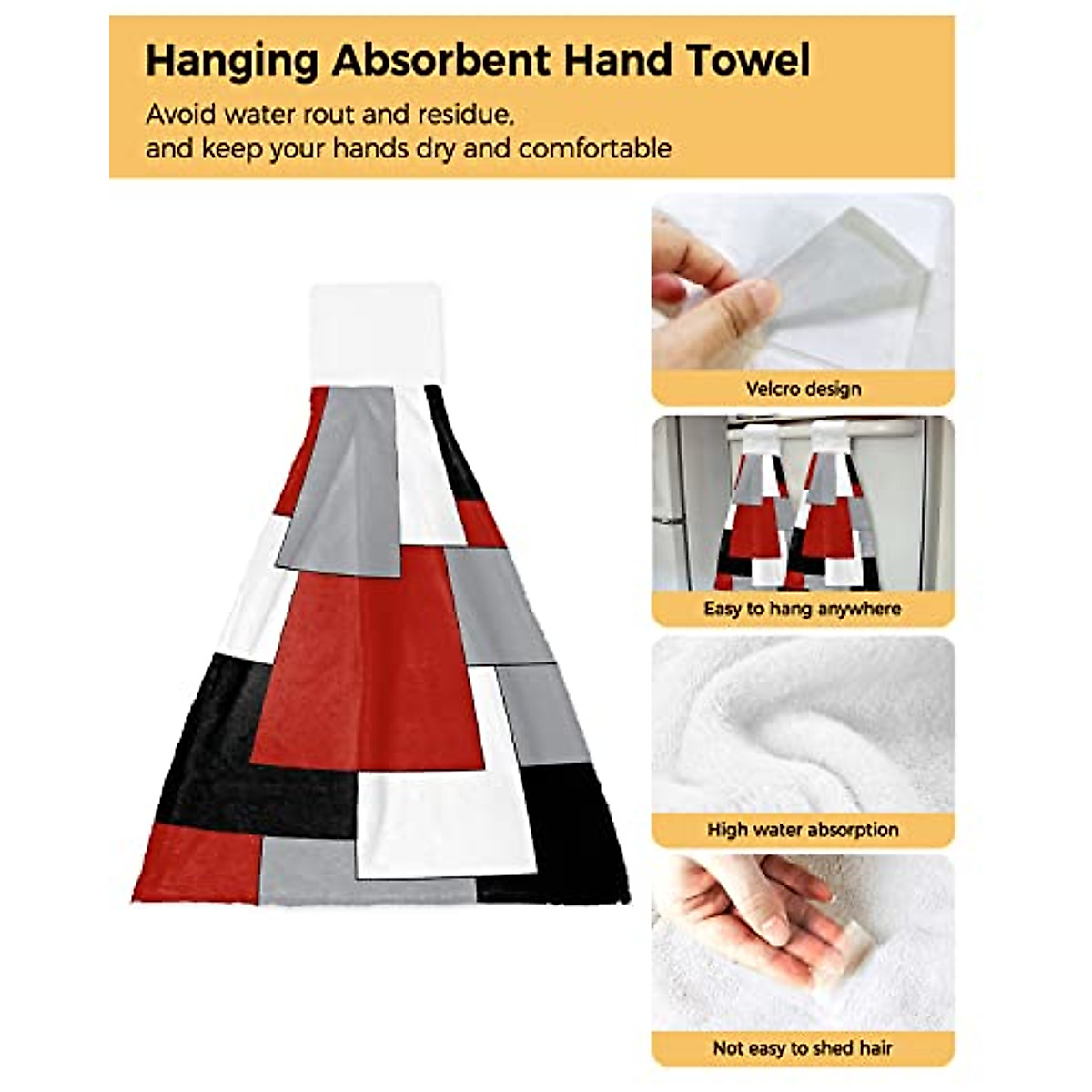 PIEPLE 2 PCS Kitchen Hand Towels, Irregular Geo Color Block Soft Plush Hanging Tie Towels with Loop for Kitchen Bathroom Dish Cloth Tea Bar Towel White Grey Black Red Abstract Geometric