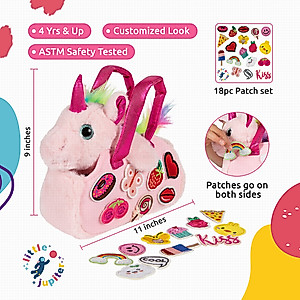 Little Jupiter Pet Plush Bag Purse Set with 18pc Removable Patch Set & Pink & Rainbow Details - Unicorn Stuffed Animals for Girls - Cute Plushie - Cute Toy Plushies - Girls Toys - Age 4-7
