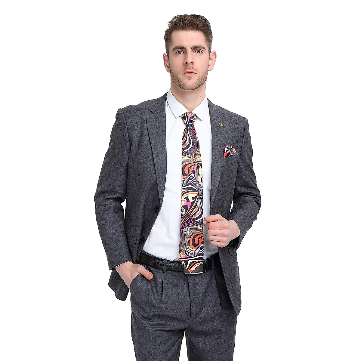 Barry.Wang Men Tie Set Print Orange Hot Pink Black Silk Necktie Pocket Square Cufflinks Formal Wedding Party Business