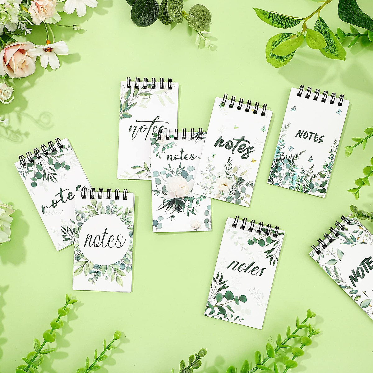 Yeaqee 24 Pcs Greenery Eucalyptus Spiral Notebook Mini Aesthetic Spiral Notebook Cute Eucalyptus Flower Party Favors Journal Small Memo Note Pad Bulk for Office Supplies Wedding Party