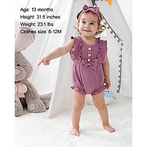 YALLET Newborn Baby Girls Clothes 0-18M Infant Girl Outfits Cute Little Girl Jumpsuit Button Solid Color Romper + Headband