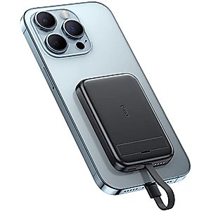 EMNT Mini Magnetic Portable Charger for iPhone,6000mAh Clutch Power Bank with Built-in Cable/Metal Stand, Battery Pack Compatible with iPhone 14/14 Plus/Pro Max/13/12/11/XS/XR/X/8/7/6/6s/5 and More.