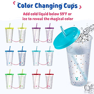 Meoky Confetti Color Changing Cups with Lids and Straws for Iced Coffee, Party, Pool - 6 Pack 24oz Reusable Plastic Tumblers for Kids and Adults