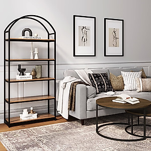 Nathan James Haven Etagere Bookshelf, 5-Shelf Bookcase in Oak Wood and Black Metal Frame with Arch Top and Open Shelves, Oak/Black