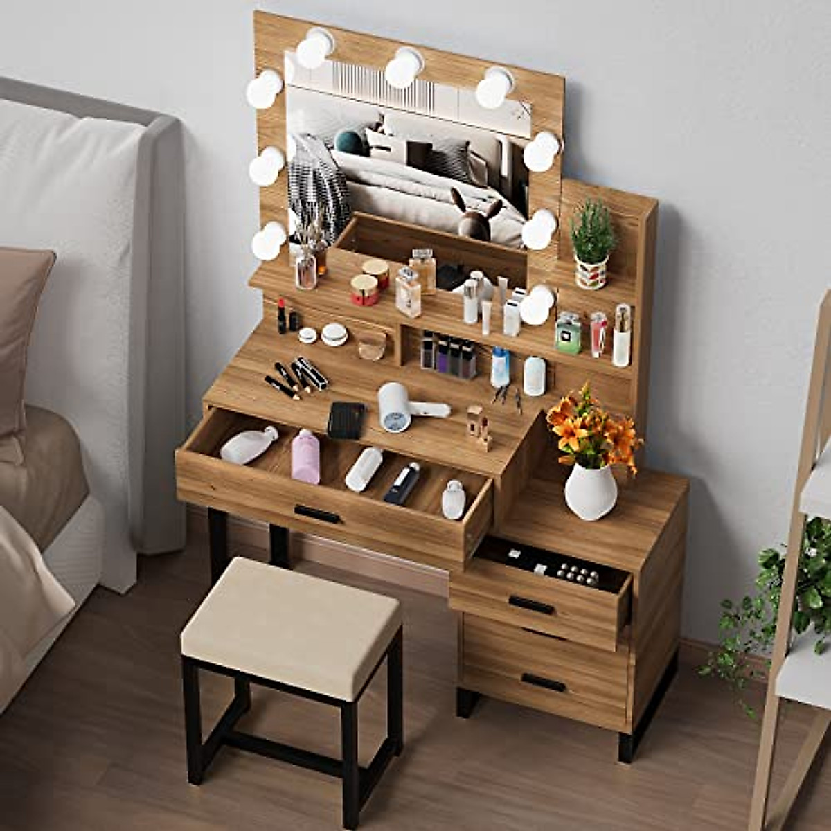 PakaLife Makeup Vanity Desk with Mirror and 3-Color Lights, 39.4" Makeup Vanity Set with Drawers, Storage Shelves and Stool, 3 Lighting Modes Adjustable, White Vanity (Brown)