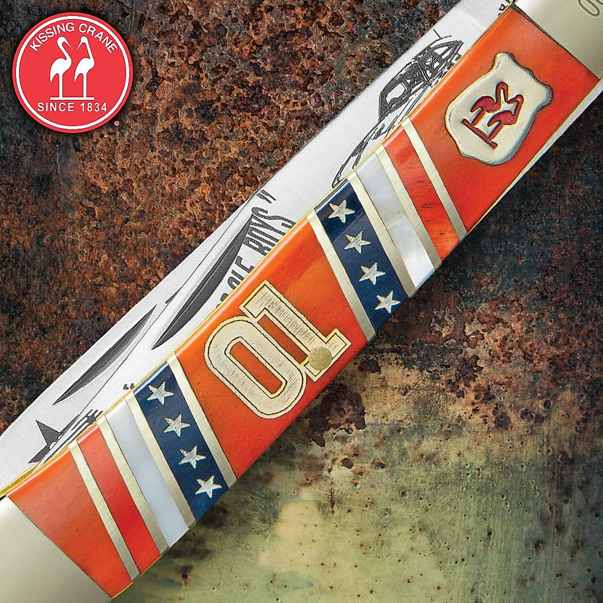 KISSING CRANE General Lee Trapper Pocket Knife | Dukes of Hazard Collectible | 440 Stainless Steel Blades | Laser Etched | Closed Length 4"