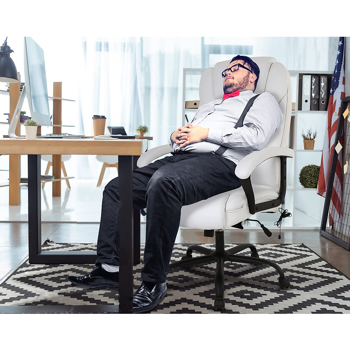 500 LBS Ergonomic Executive Office Chair, High Back Desk Chair with Massage Lumbar Support, Swivel Rocking Chair Computer Desk Chair with Padded Armrest and Adjustable Height, White