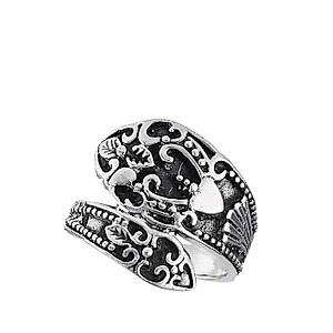 Oxidized Vintage Filigree Heart Spoon Ring Sterling Silver Thumb Band Size 8