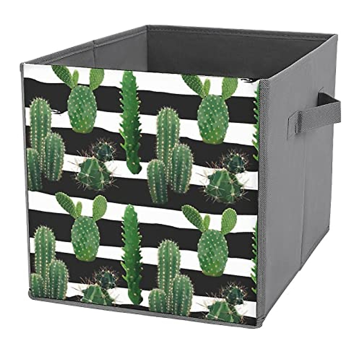 Cactus On Stripes Canvas Collapsible Storage Bins Cube Organizer Baskets with Handles for Home Office Car