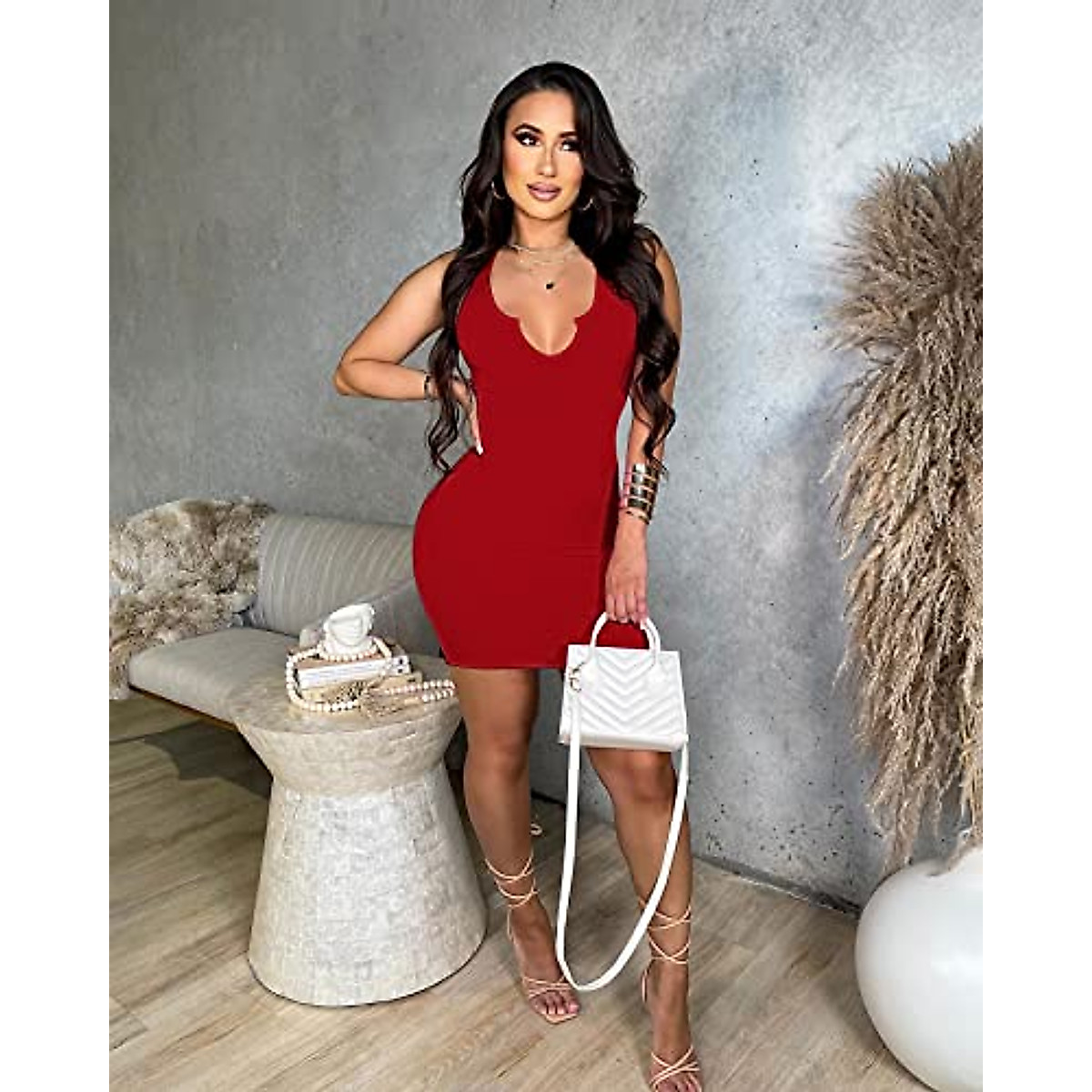Women Sexy Bodycon Basic Tank Dress Ribbed Knitted Party Club Short Mini Dress Red XXL