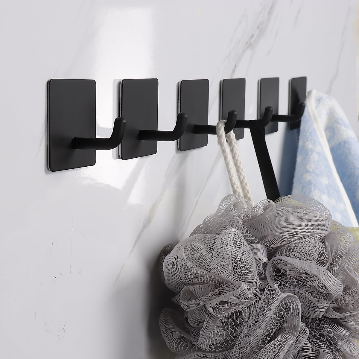 Vanloory Bath Towel Hooks - 6 Pack Strong Self Adhesive Coat/Clothes Hooks, No Drilling Sticky Hooks, Heavy Duty 304 Stainless Steel Shower Wall Hook for Bathroom Kitchen Bedroom(Matte Black)