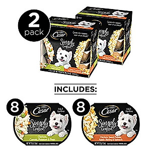 CESAR Simply Crafted Adult Wet Dog Food Meal Topper Variety Pack, Chicken, Carrots, Potatoes & Peas and Chicken, Sweet Potato, Apple, Barley & Spinach, (8) 1.3 oz. Tubs