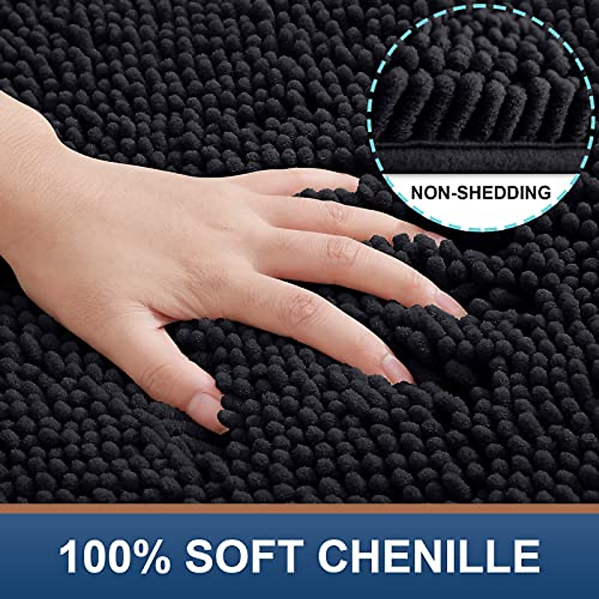 Smiry Luxury Chenille Bath Rug, Extra Soft and Absorbent Shaggy Bathroom Mat Rugs, Machine Washable, Non-Slip Plush Carpet Runner for Tub, Shower, and Bath Room(32''x20'', Black)