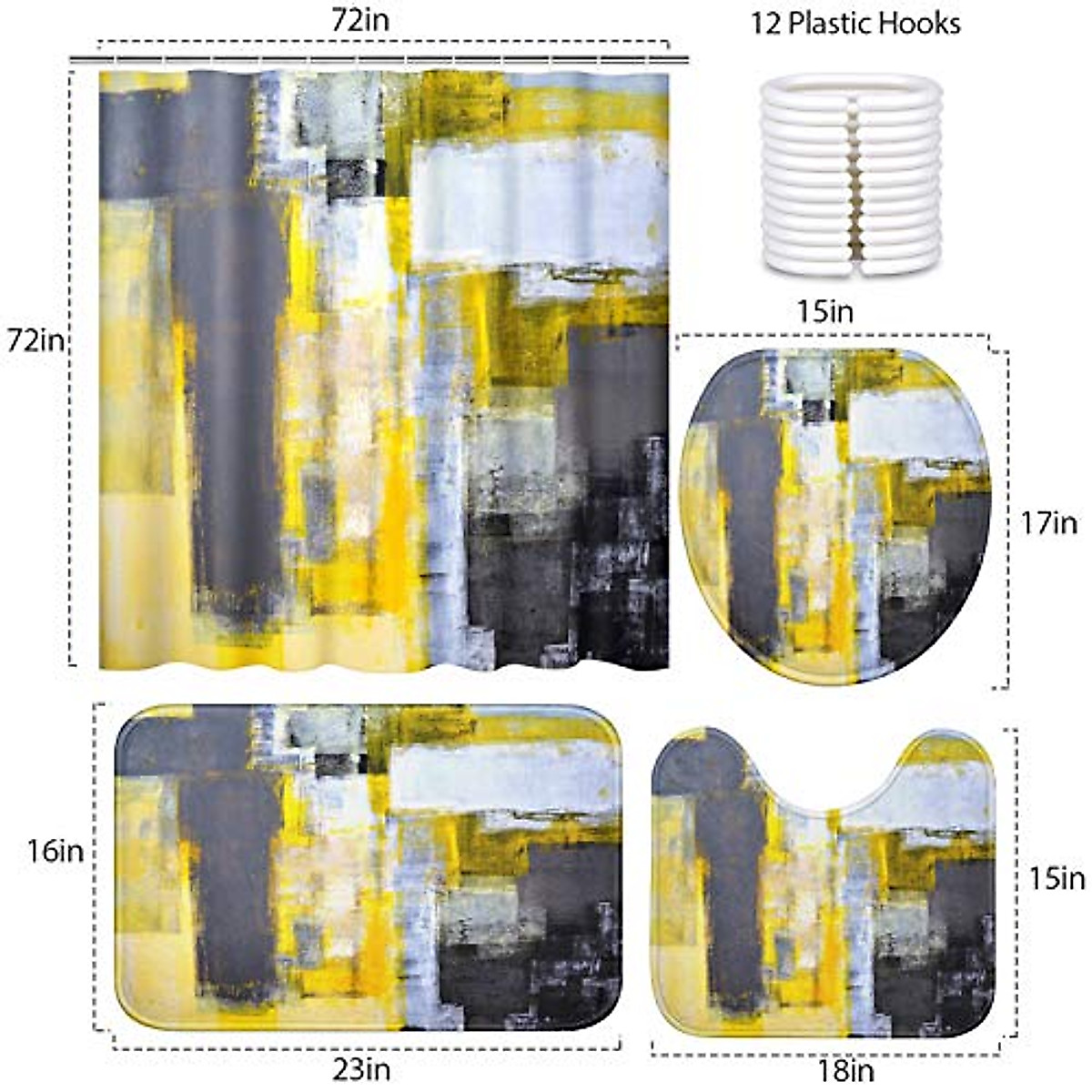 Britimes 4 Piece Shower Curtain Sets, Yellow Gray White with Non-Slip Rugs, Toilet Lid Cover and Bath Mat, Durable and Waterproof, for Bathroom Decor Set, 72" x 72"