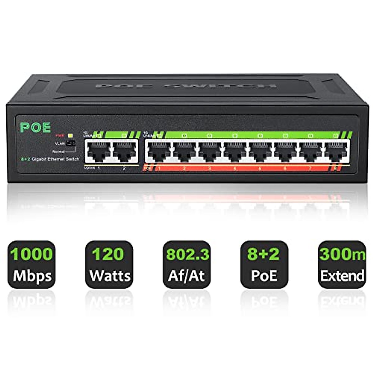 TEROW PoE Switch, 10 Port Gigabit Ethernet Network Switch( 8 PoE+ Port with 2 Extra Uplink Port), 802.3af/at Compliant | Plug & Play | Shielded Ports | Traffic Optimization | Fanless Quiet