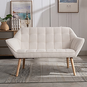 Guyou Small Loveseat for Bedroom 2-Seat Mini Sofa Couch with Wingback and Wood Legs for Living Room Apartment Small Space Fluffy Love Seat, White Sherpa