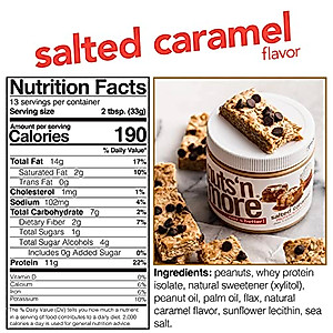 Nuts ‘N More Salted Caramel Peanut Spread, All Natural Snack, Low Carb, Low Sugar, Gluten Free, Non-GMO, High Protein Flavored Nut Butter (15 oz Jar)