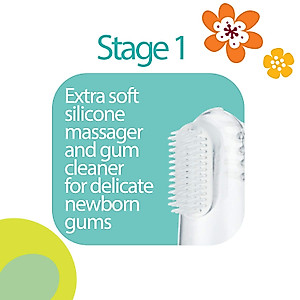 Dr. Talbot's Oral Care Set with Stand; 4-Stage System with 1 Silicone Finger Massager, 2 Massaging Brushes, 1 Soft Nylon Bristle Toddler Toothbrush; 0+ Months, Blue & Aqua