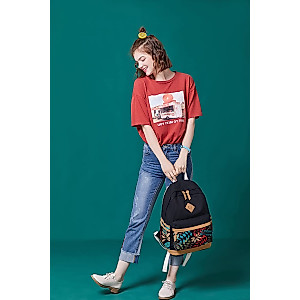 LuckyZ Women Casual Backpack Lightweight School Bookbag Canvas Leather Daykpack Cute Printng Travel Shoulder Rucksacck Leaf Black Medium