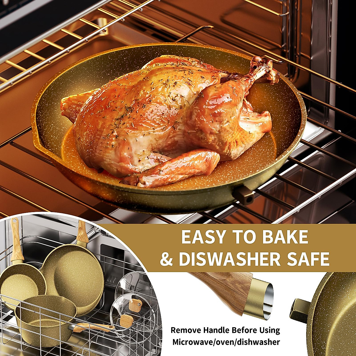 Innerwell Nonstick Frying Pan Set,Non Stick Sauce Pan Set with Lid Gold Granite Pans,1.5QT+2.5QT Saucepan 9.5 Inch Frying Pan Induction Cookware Set,PFOA Free