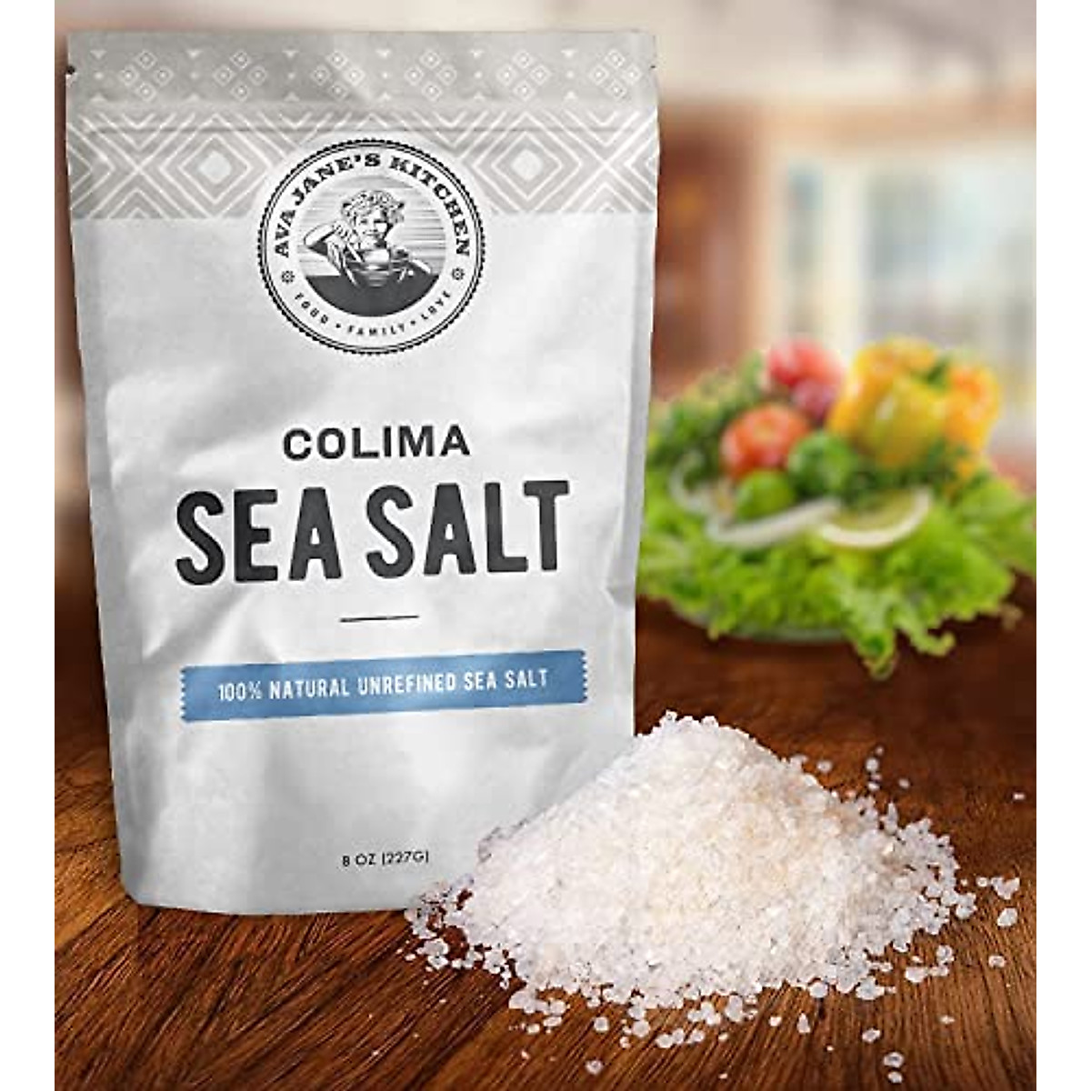 AVA JANE'S KITCHEN - Colima Sea Salt Unrefined Hand Harvested - 100% all Natural Organic Sea Salt, Gourmet Grade, Coarse Grain, Non GMO's Kosher Salt, 8oz