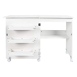NSdirect Sewing Table, Folding Sewing Craft Cart&Sewing Cabinet Miscellaneous Sewing Kit Art Desk with Storage Shelves and Lockable Casters,(White)
