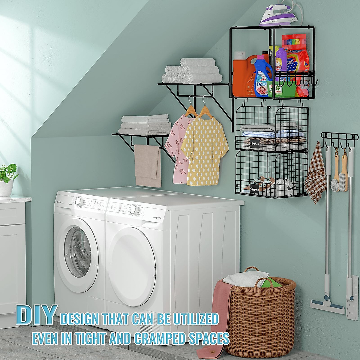 ThreeHio 3 Pack Laundry Room Shelves Wall Mounted with Wire Storage Baskets, Over Washer and Dryer Shelves with Hanging Rods and Hooks, Wire Wall Shelves Baskets for Laundry Organization and Storage