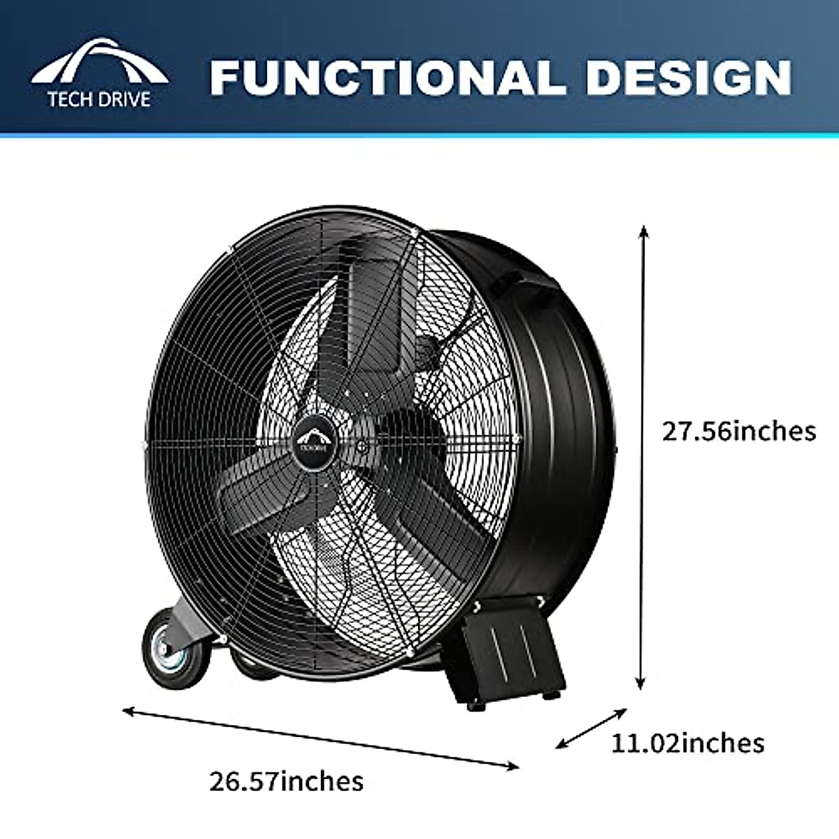 Tech Drive Heavy Duty Metal Industrial Drum Fan, 24 inch High Velocity Shop Fan, 2 Speed Large Floor Fan for Warehouse, Workshop, Factory, Garage, All Metal, Black