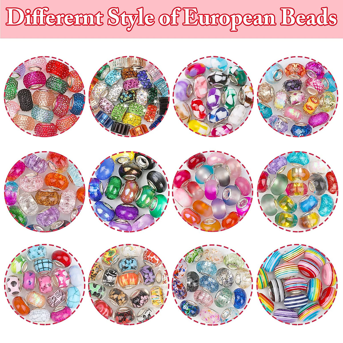 Cludoo Large Hole Glass Beads for Jewelry Making, 224PCS European Beads Bulk Mixed Color Spacer Beads with Rhinestones Lampwork Beads for DIY Craft Charms Bracelet Necklace Earring Making