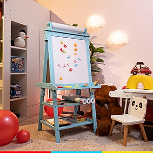 MEEDEN Art Easel for Kids: Double-Sided Solid Pine Wood Kids Easel with Paper Roll - All-in-One Kids Art Easel with Chalkboard & Magnetic Whiteboard - Walnut